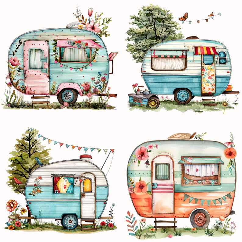 Boho Camper Watercolor Clipart: Retro Van PNG Graphics (digital ...