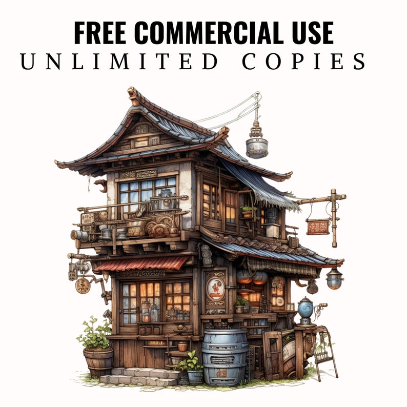 Old Japanese Shops Clip Art, Watercolor Vintage Japan Storefronts ...