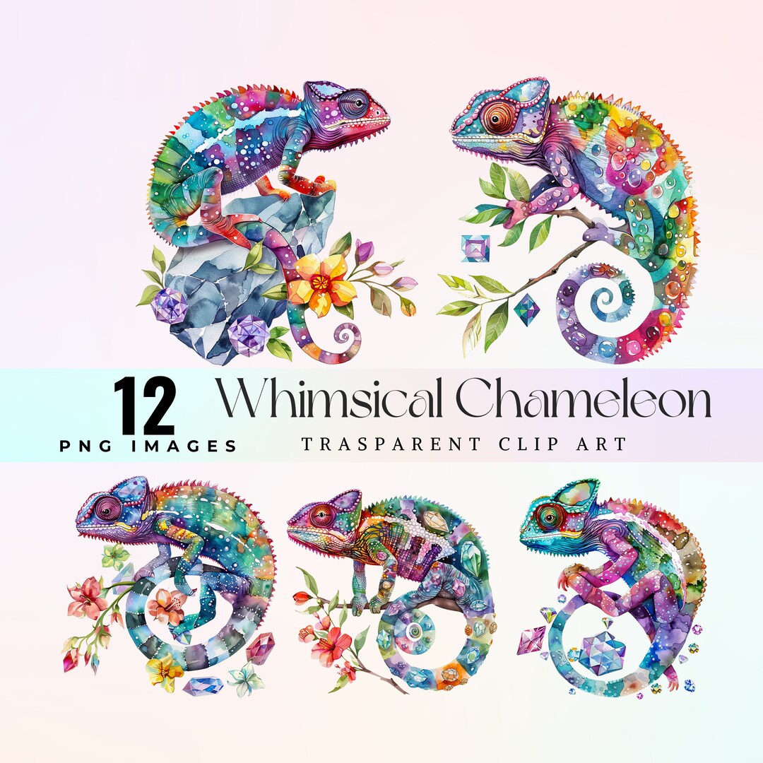 Whimsical Chameleon Clip Art, Watercolor Vibrant Chameleon and Flowers ...