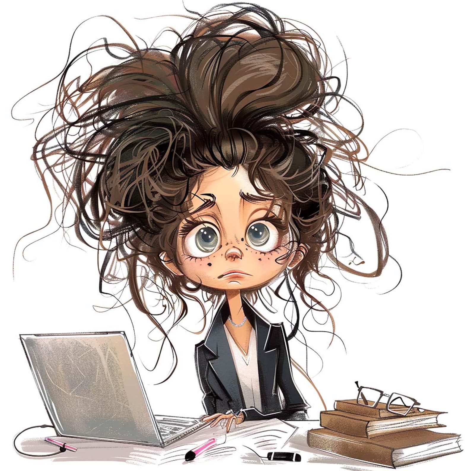 Frazzled Girl Clip Art, Watercolor Weary Work Lady Illustration PNG, Messy Hair Girl Exhausted ...