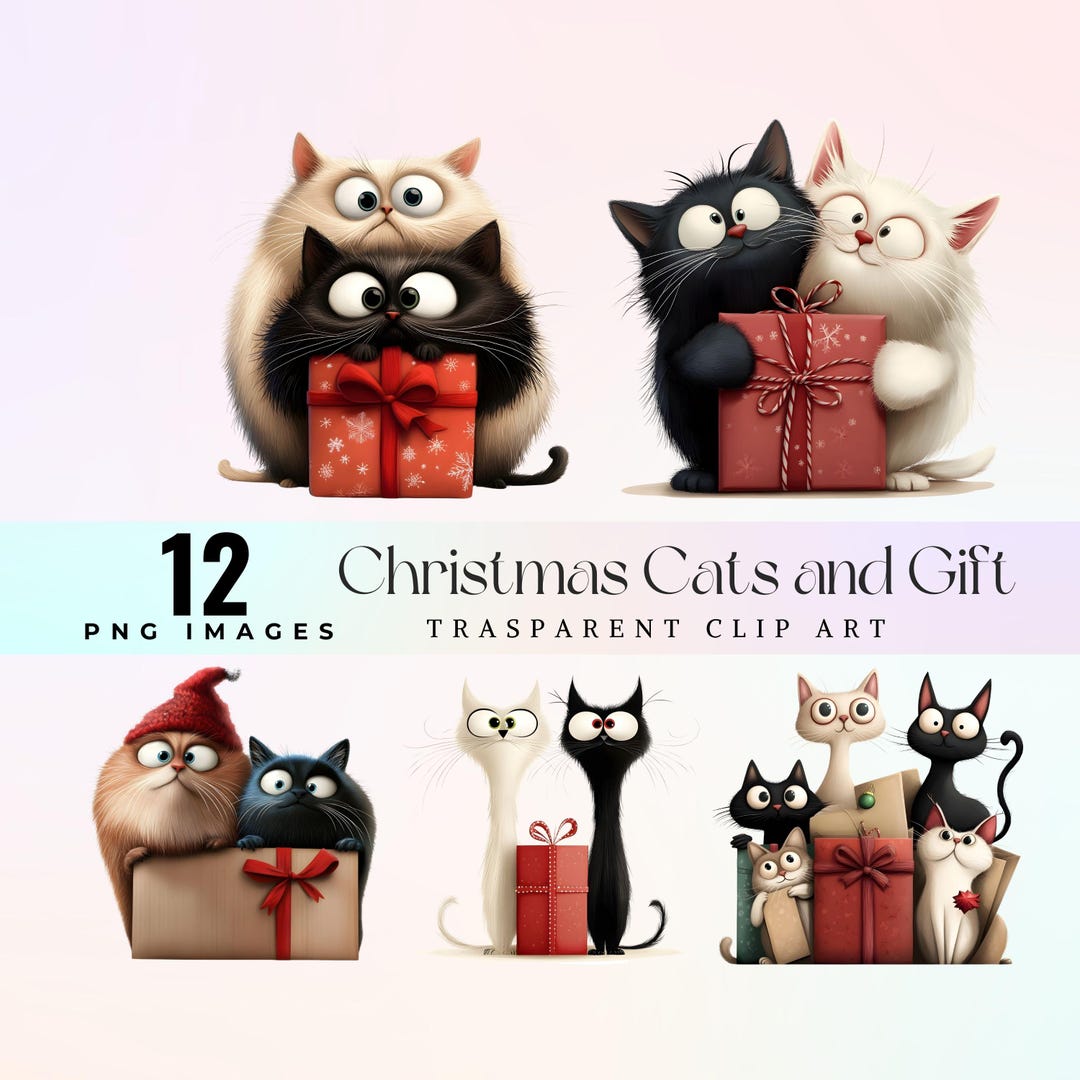 Funny Christmas Cats Clip Art, Playful Holiday Kitten Illustration Png ...