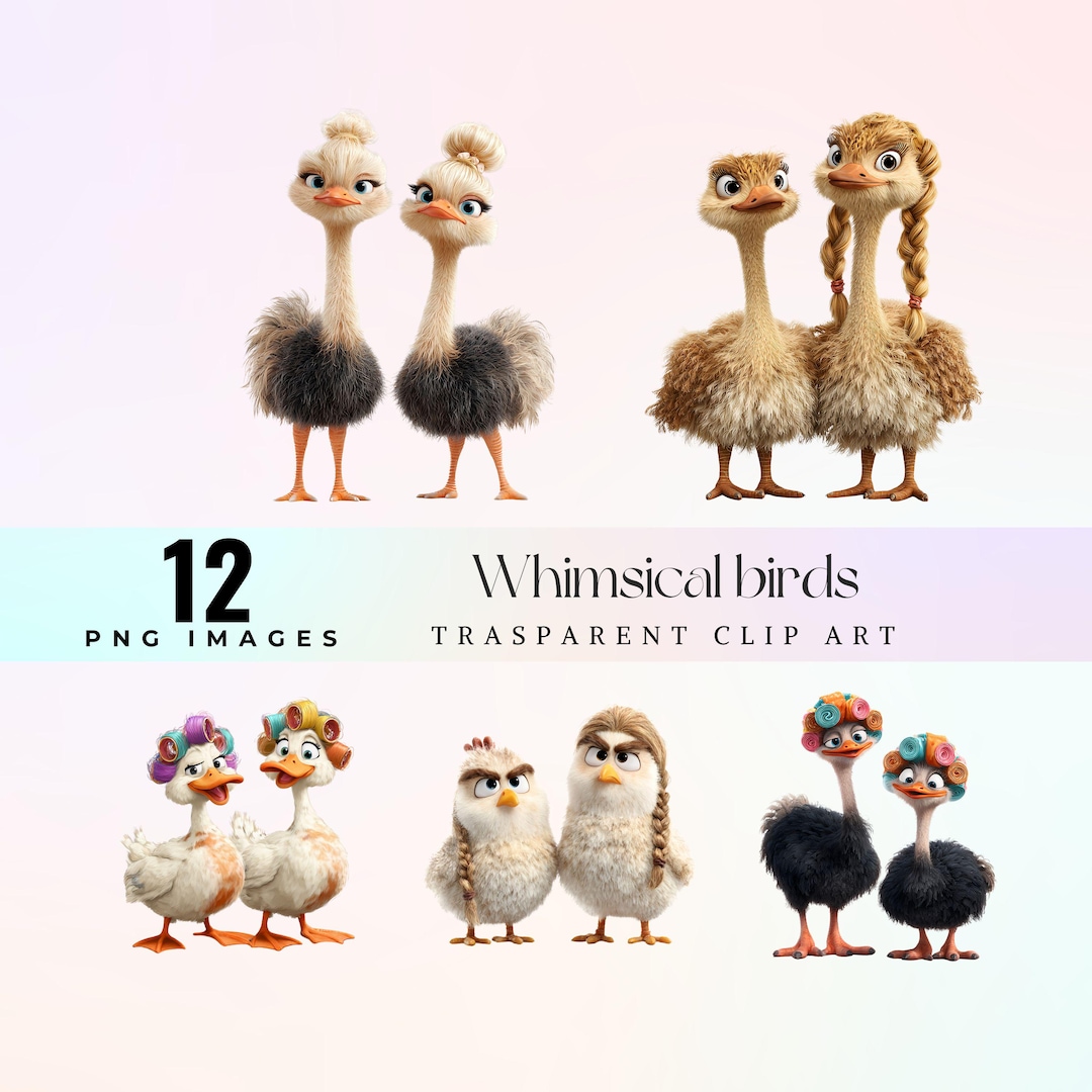 Whimsical Bird Clip Art: Funny Ponytail Animals Illustration (PNG ...