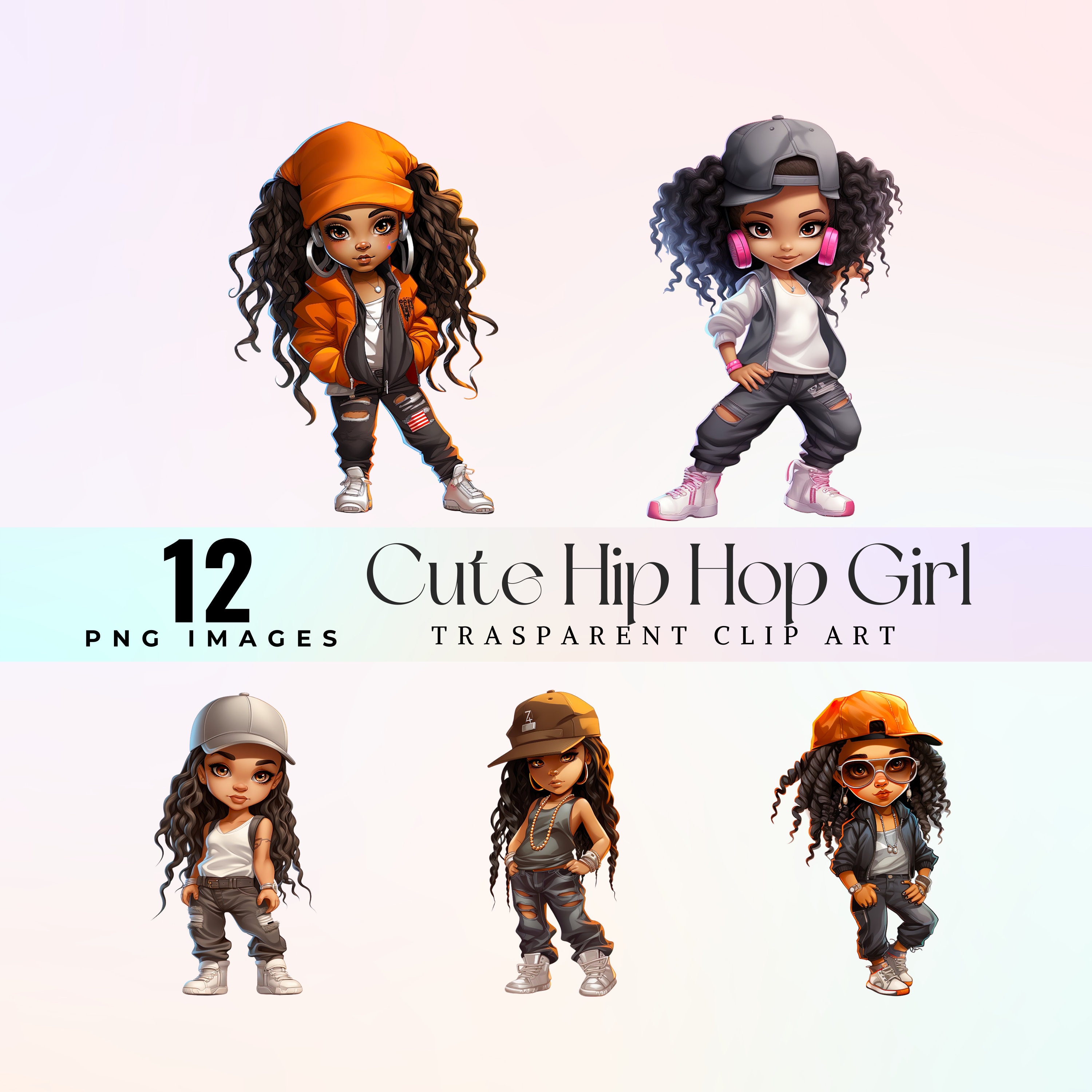 Playful Chibi Hip-hop Girl Clip Art, Watercolor Joyful Rap Girl ...