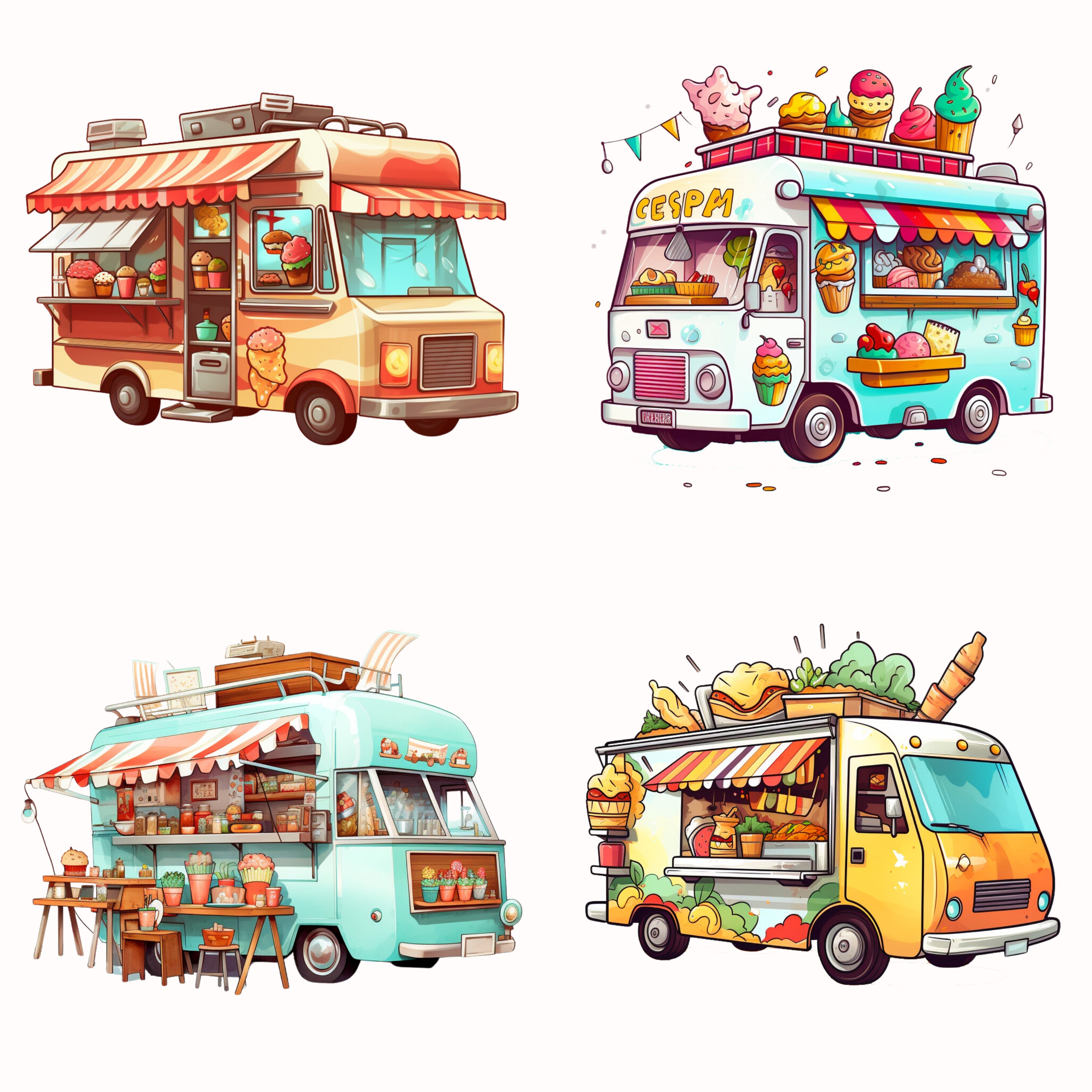 Cute Food Truck Clip Art, Quirky Food Van Illustration PNG, Happy Meal ...