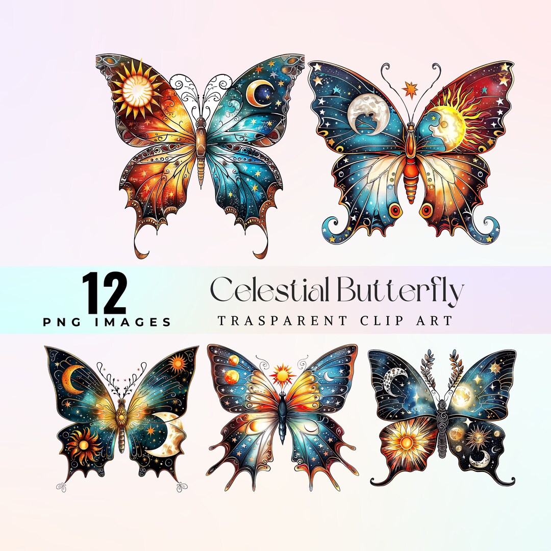 Cute Celestial Butterfly Clipart, Watercolor Adorable Moon Sun Wings ...