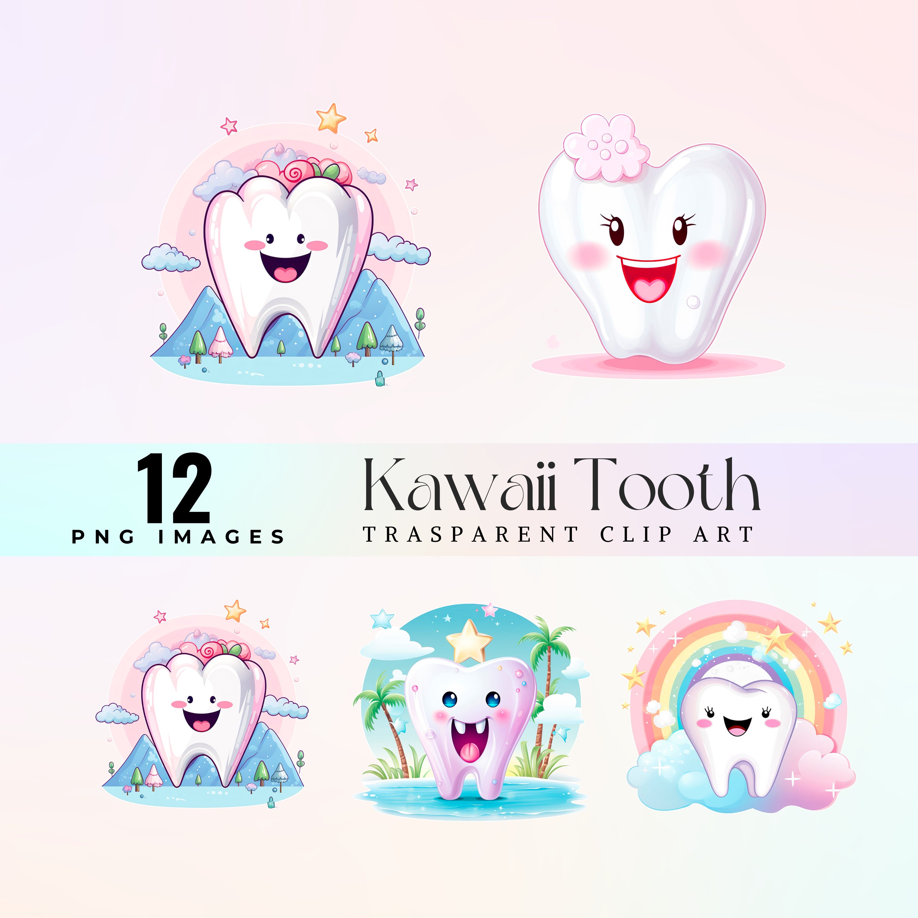 Cute Kawaii Tooth Clip Art, Watercolor Japanese Teeth Kawaii, Cute ...
