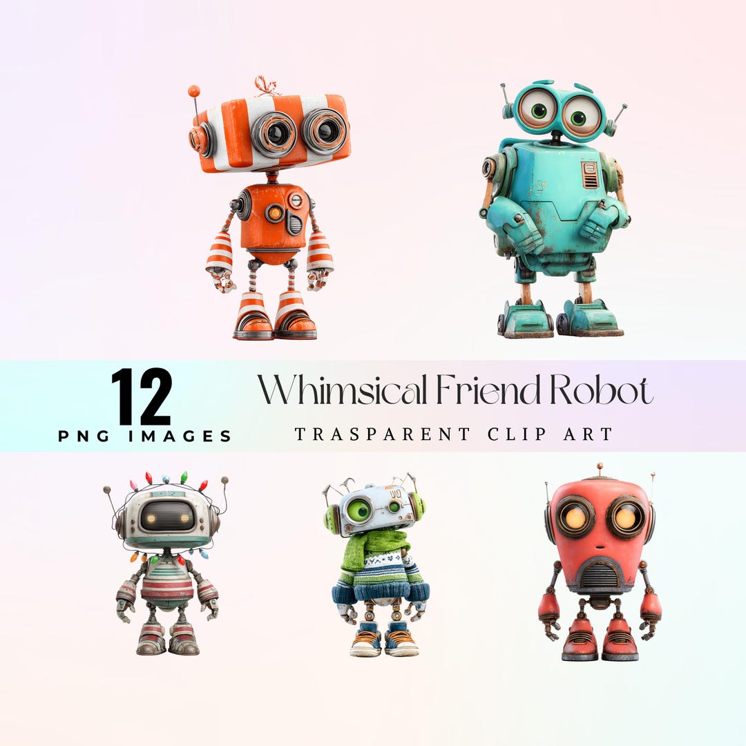 Whimsical Robot Clipart, Vintage Holiday Robots in Sweaters, Digital ...