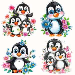 Adorable Spring Penguins Clip Art, Watercolor Sweet Penguins and ...