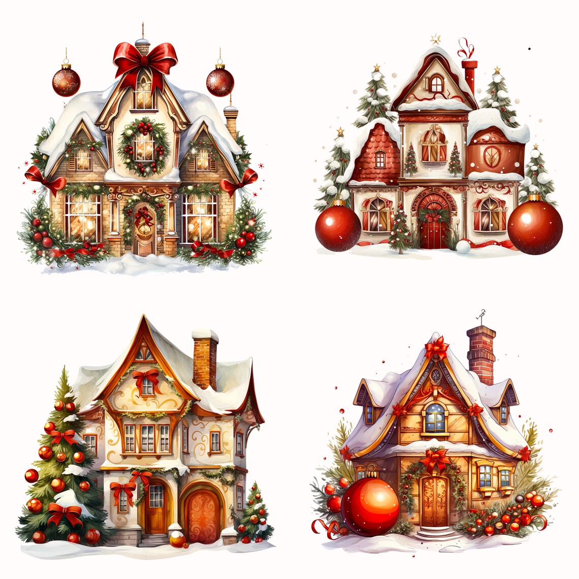 Christmas Houses Clip Art, Watercolor Christmas Cottage PNG, Festive ...