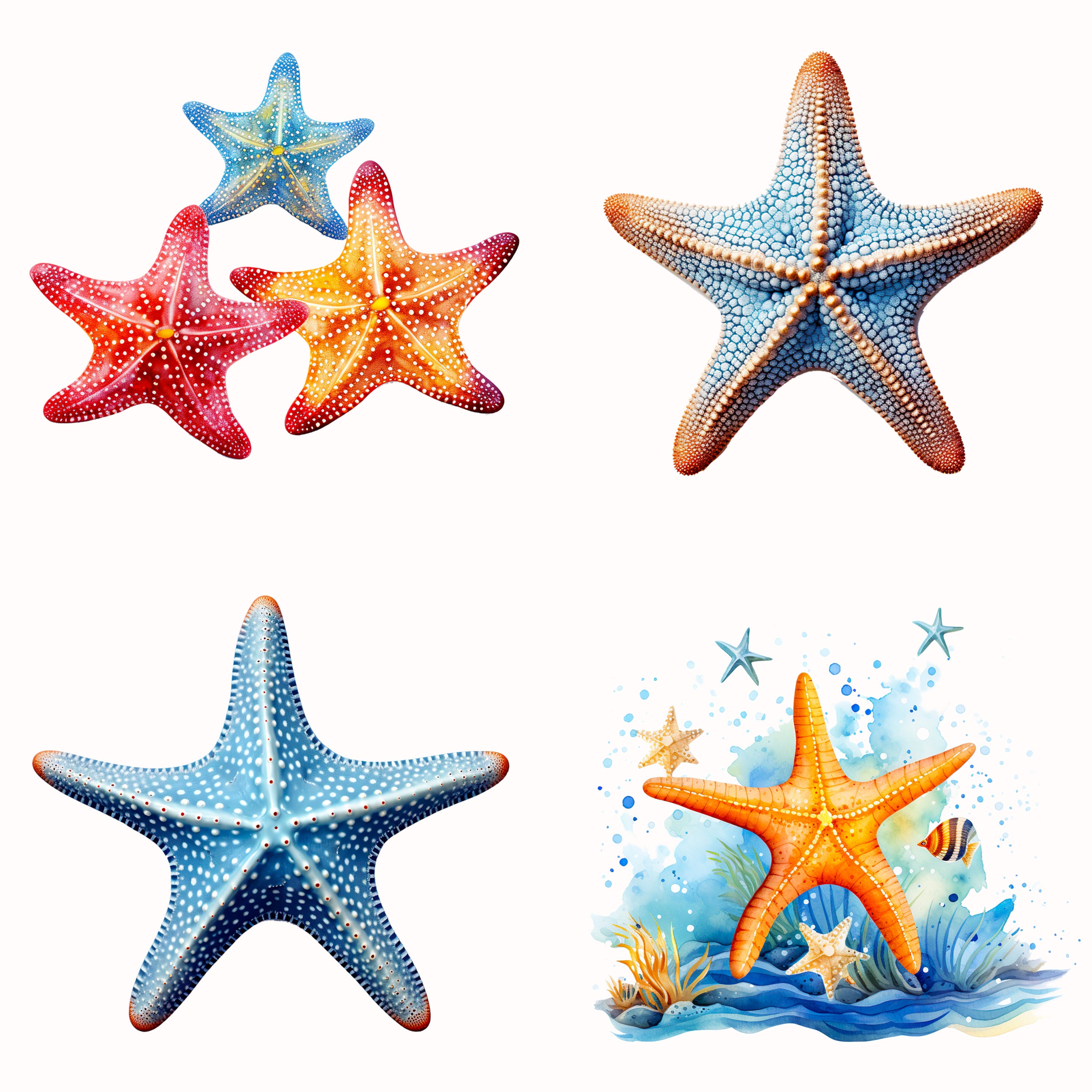 Cute Starfish Clip Art, Watercolor Bright Marine Stars Illustration PNG ...