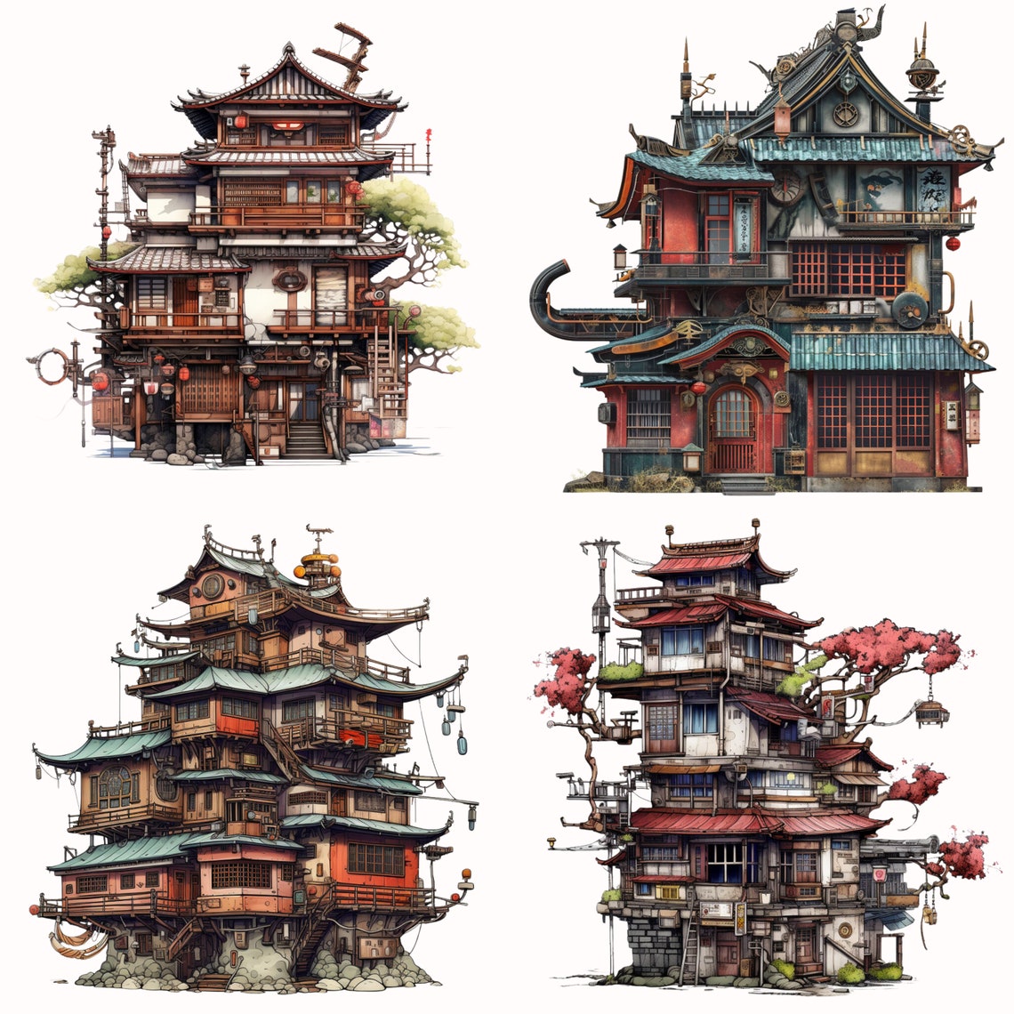 Japanese Steampunk House Clip Art, Watercolor Vintage Japan House ...