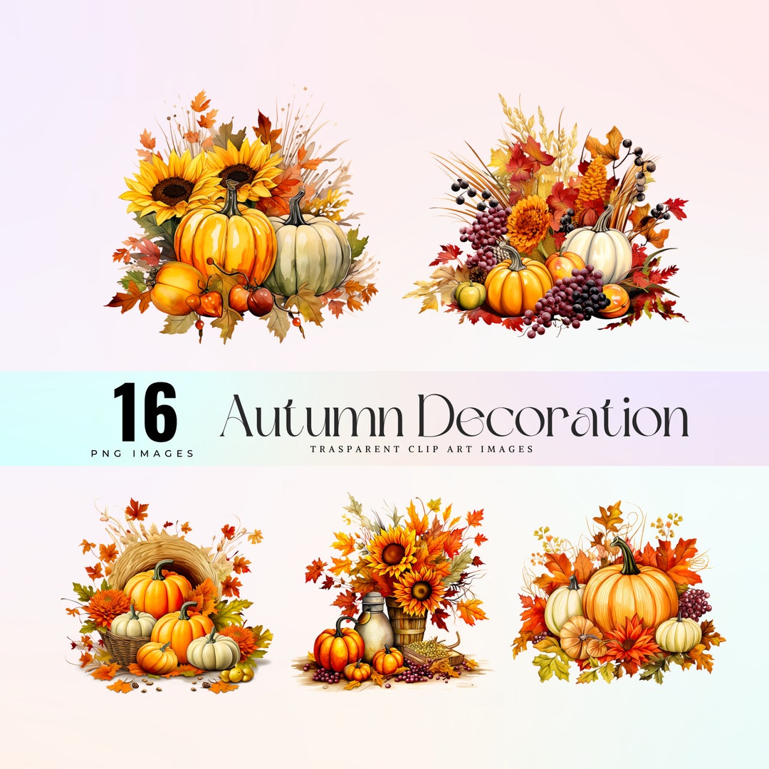Watercolor Autumn Decoration Clipart, Fall Leaves, Pumpkins (PNG) - Etsy