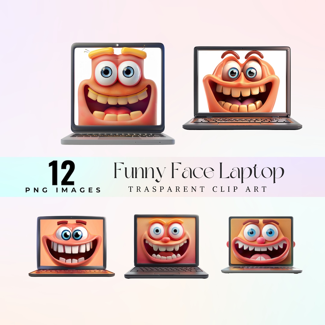 Funny Face Laptop Clip Art, Watercolor Silly Laptop With Humorous Faces ...