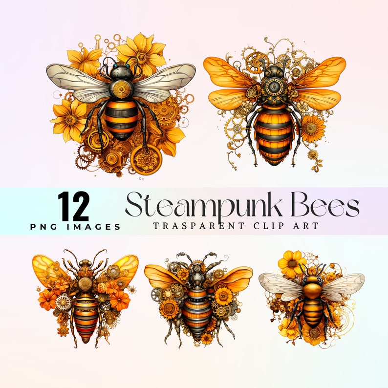 Cute Steampunk Bees Clip Art, Watercolor Vintage Mechanical Bees and Honey Illustration PNG ...