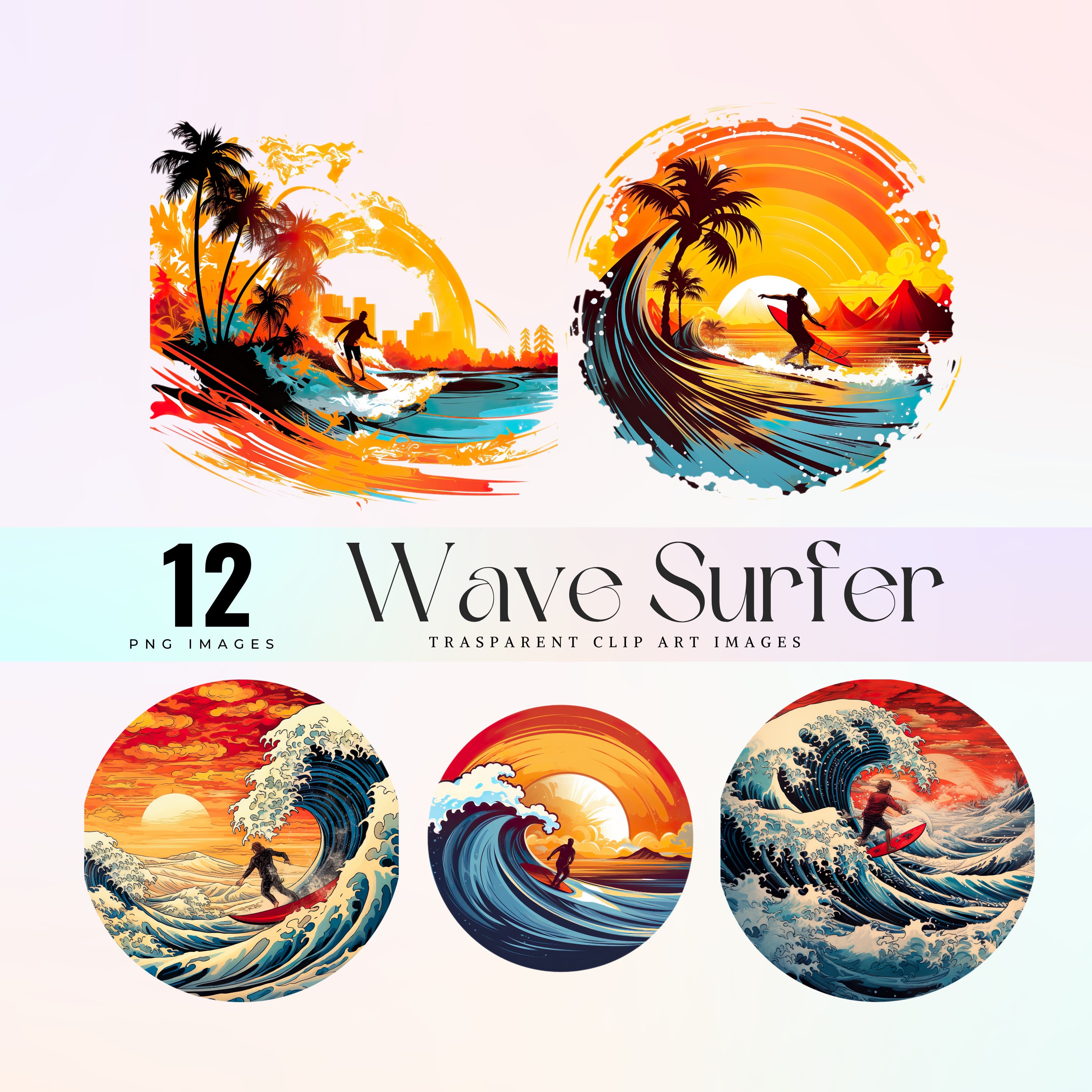 Tropical Sunset Surfing Clip Art, Watercolor Surfer Riding the Waves of ...