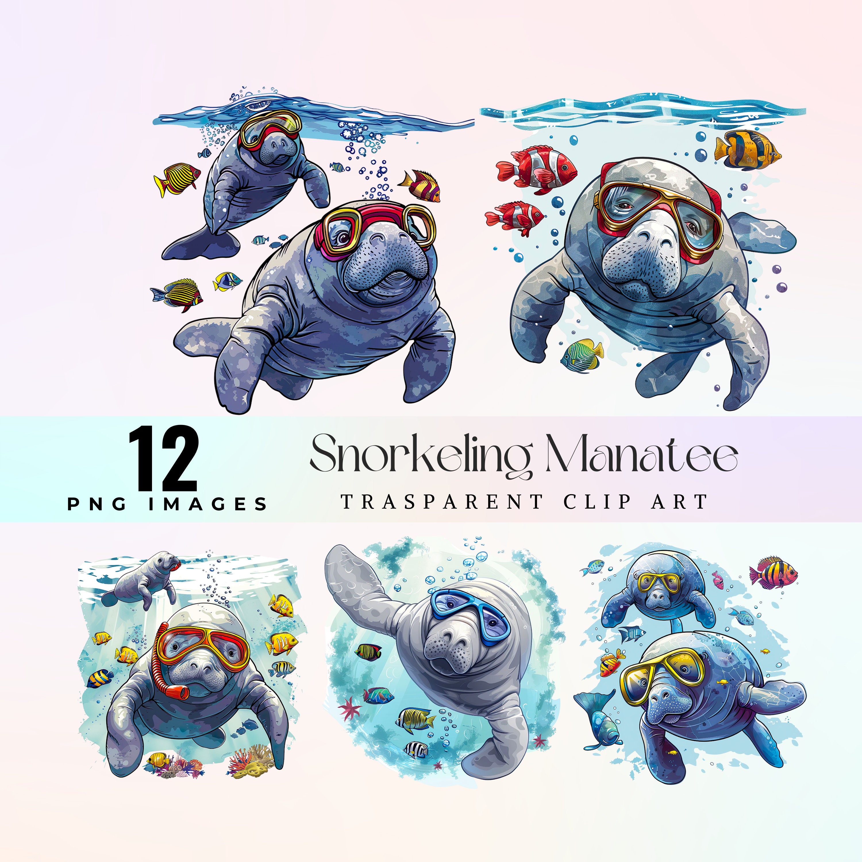 Funny Snorkeling Manatee Clip Art, Watercolor Amusing Snorkel Sea Cow ...