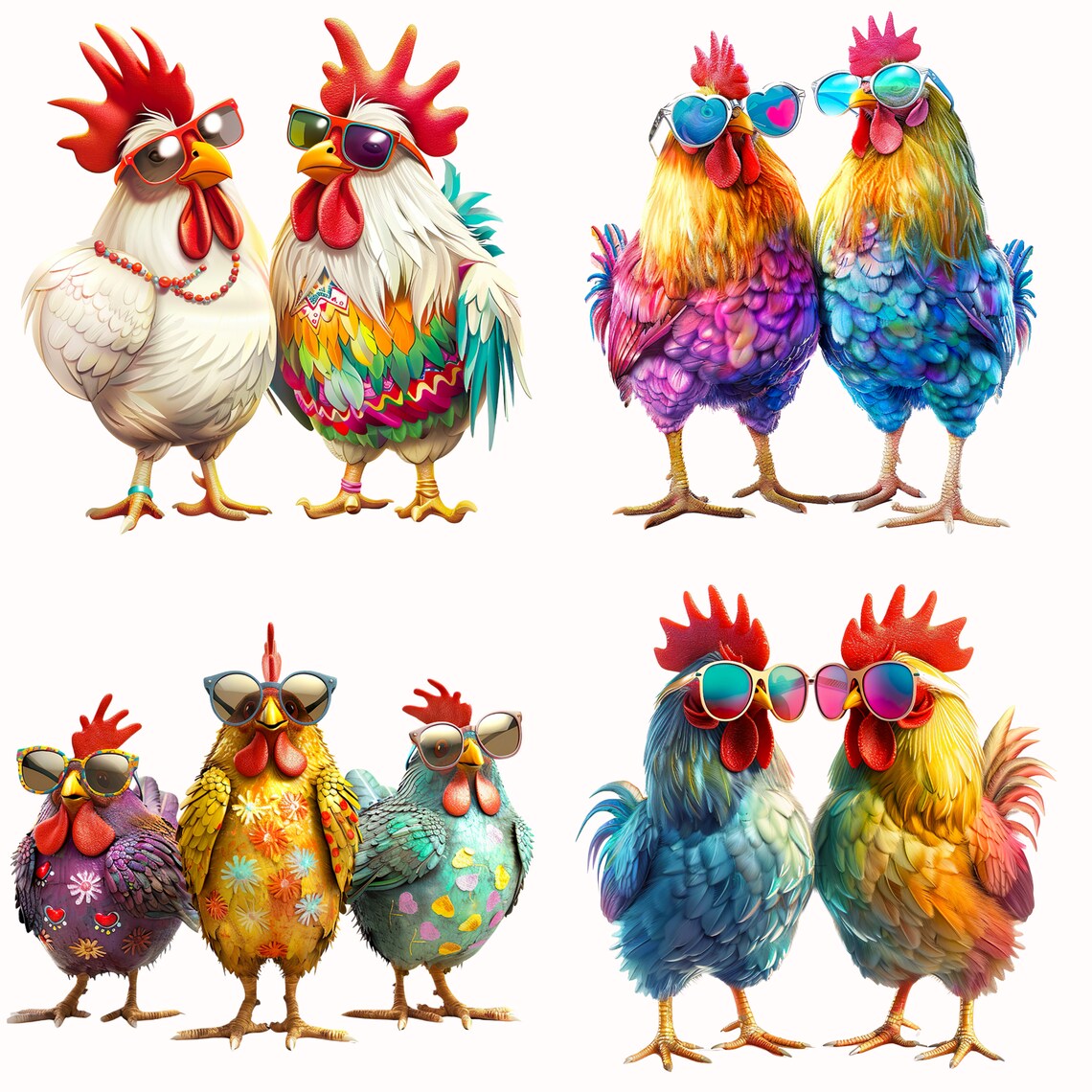 Funny Chickens Clip Art, Watercolor Hilarious Hens Illustration PNG, Eccentric Cartoon Chickens ...