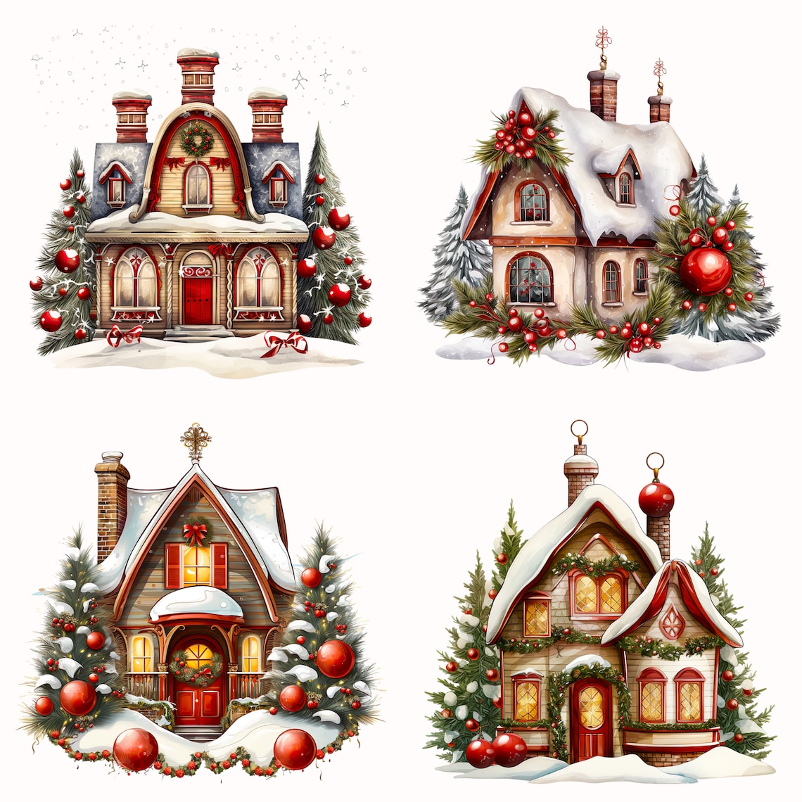 Christmas Houses Clip Art, Watercolor Christmas Cottage PNG, Festive ...