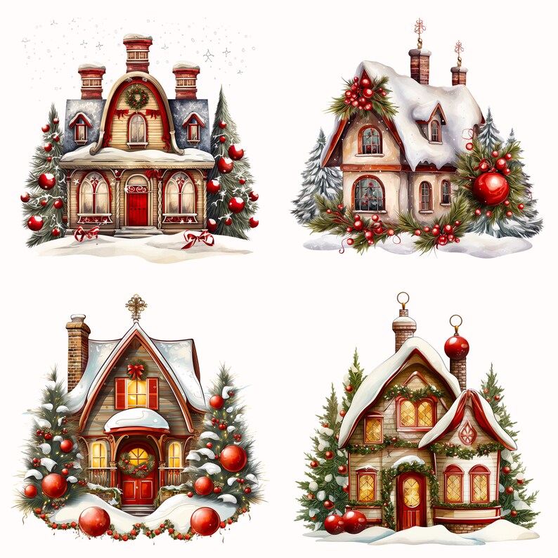 Christmas Houses Clip Art, Watercolor Christmas Cottage PNG, Festive ...