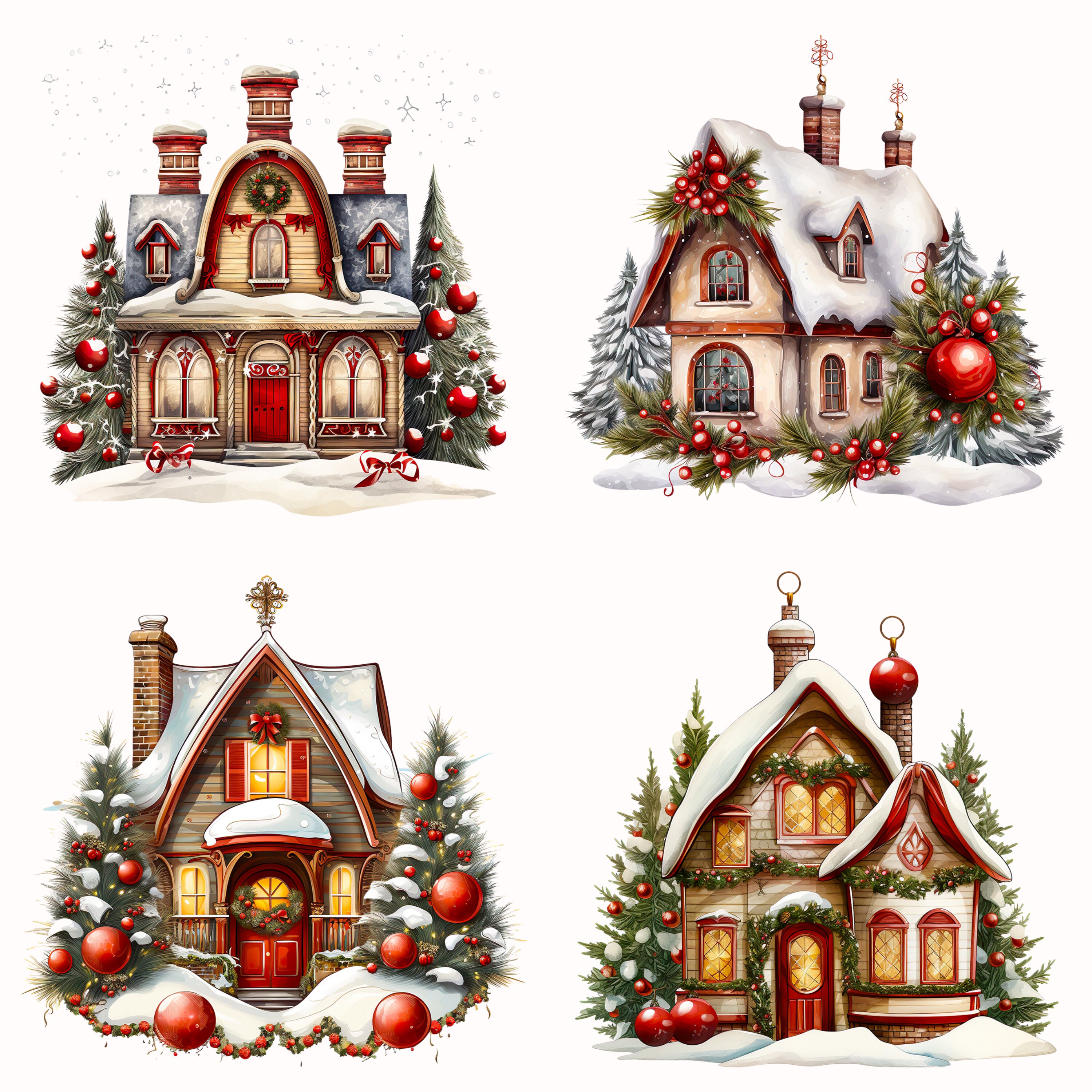 Christmas Houses Clip Art, Watercolor Christmas Cottage PNG, Festive ...