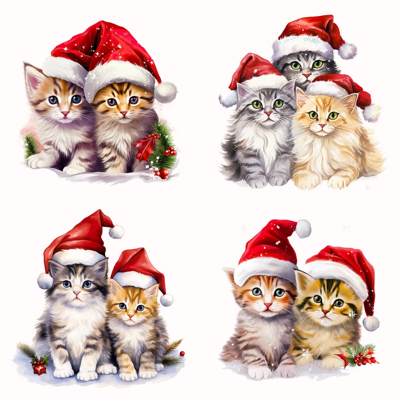 Christmas Cats Clip Art, Watercolor Christmas Kittens PNG, Cute Santa's ...