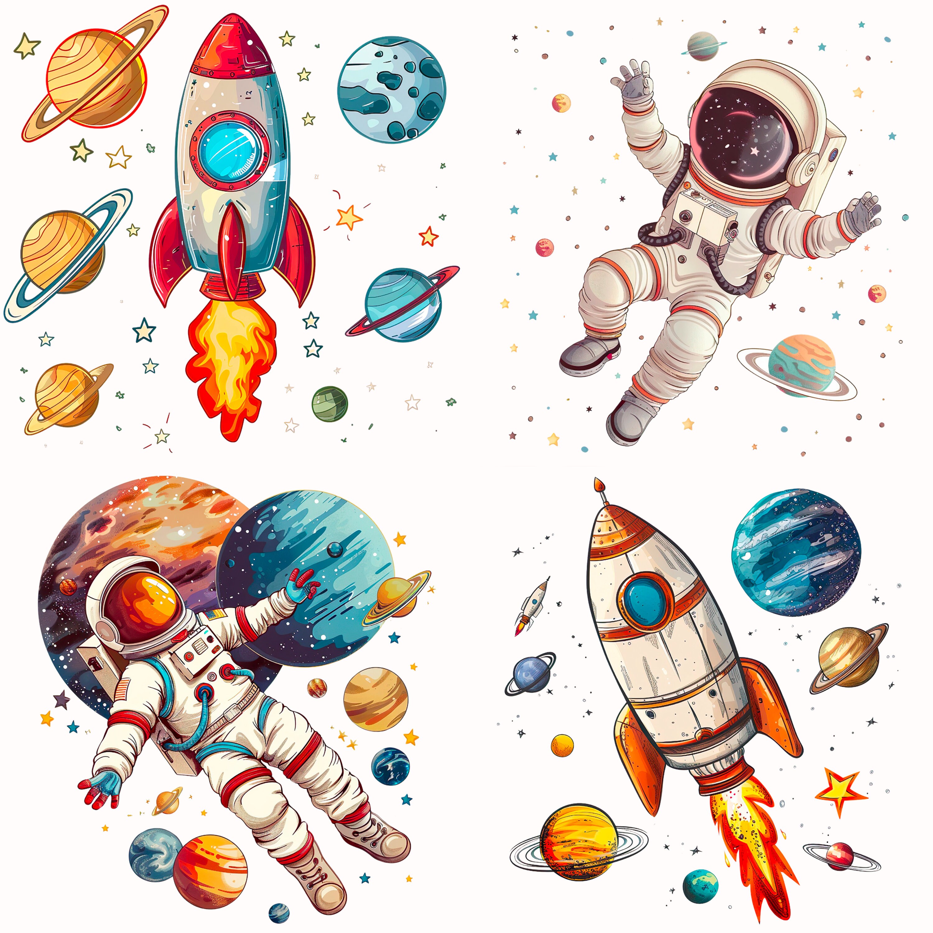 Cute Space Rockets Clip Art, Watercolor Planet Journey Illustrations ...