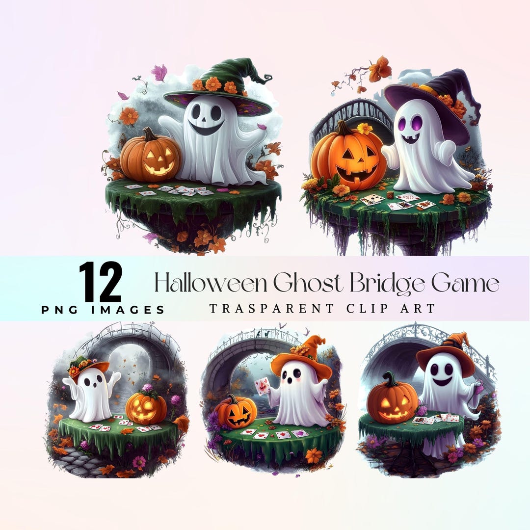 Cute Halloween Bridge Card Game Clip Art, White Ghost Playing Cards ...