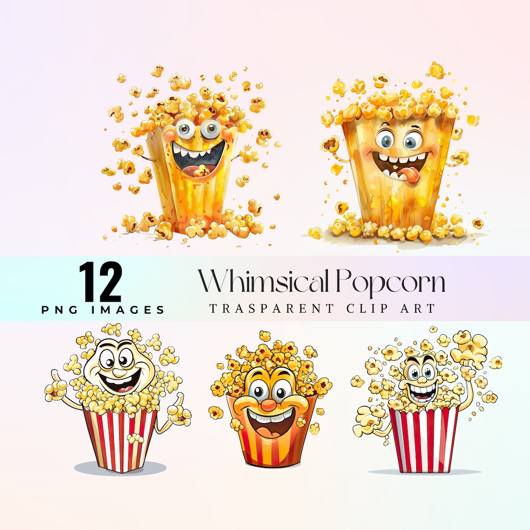 Whimsical Popcorn Clip Art: Watercolor PNG Illustration (300 DPI) - Etsy