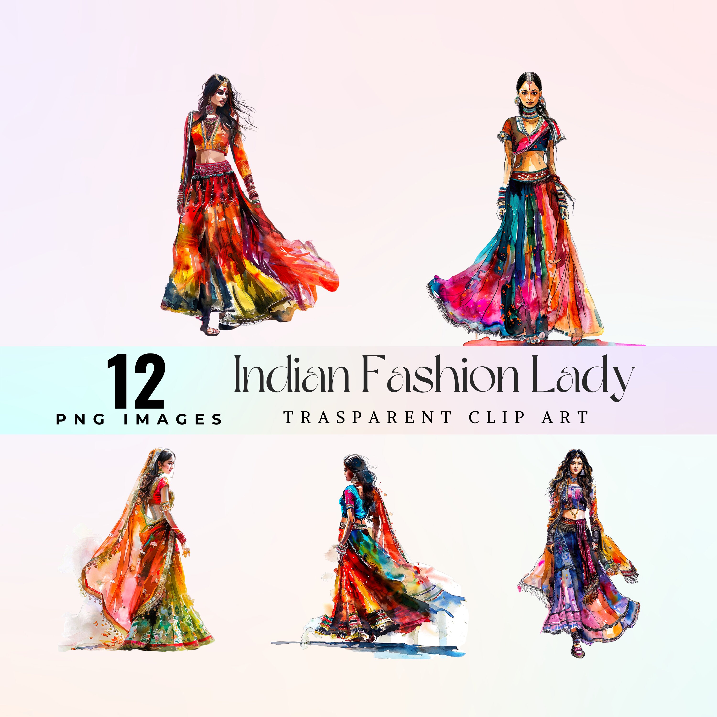 Cute Indian Fashion Lady Clip Art, Watercolor Lovely Ethnic Beauty ...