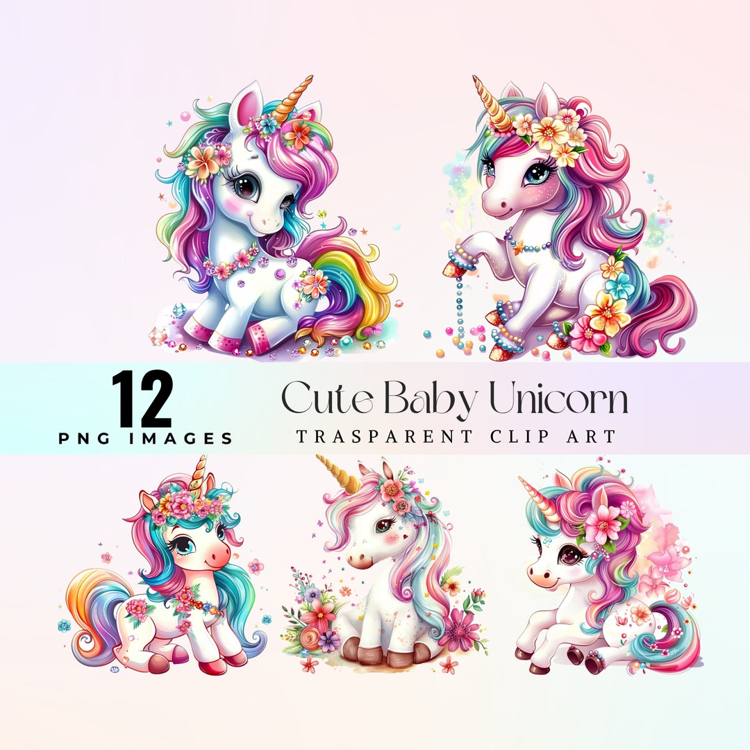 Watercolor Baby Unicorn Clip Art: Floral PNG Graphics (digital Download ...