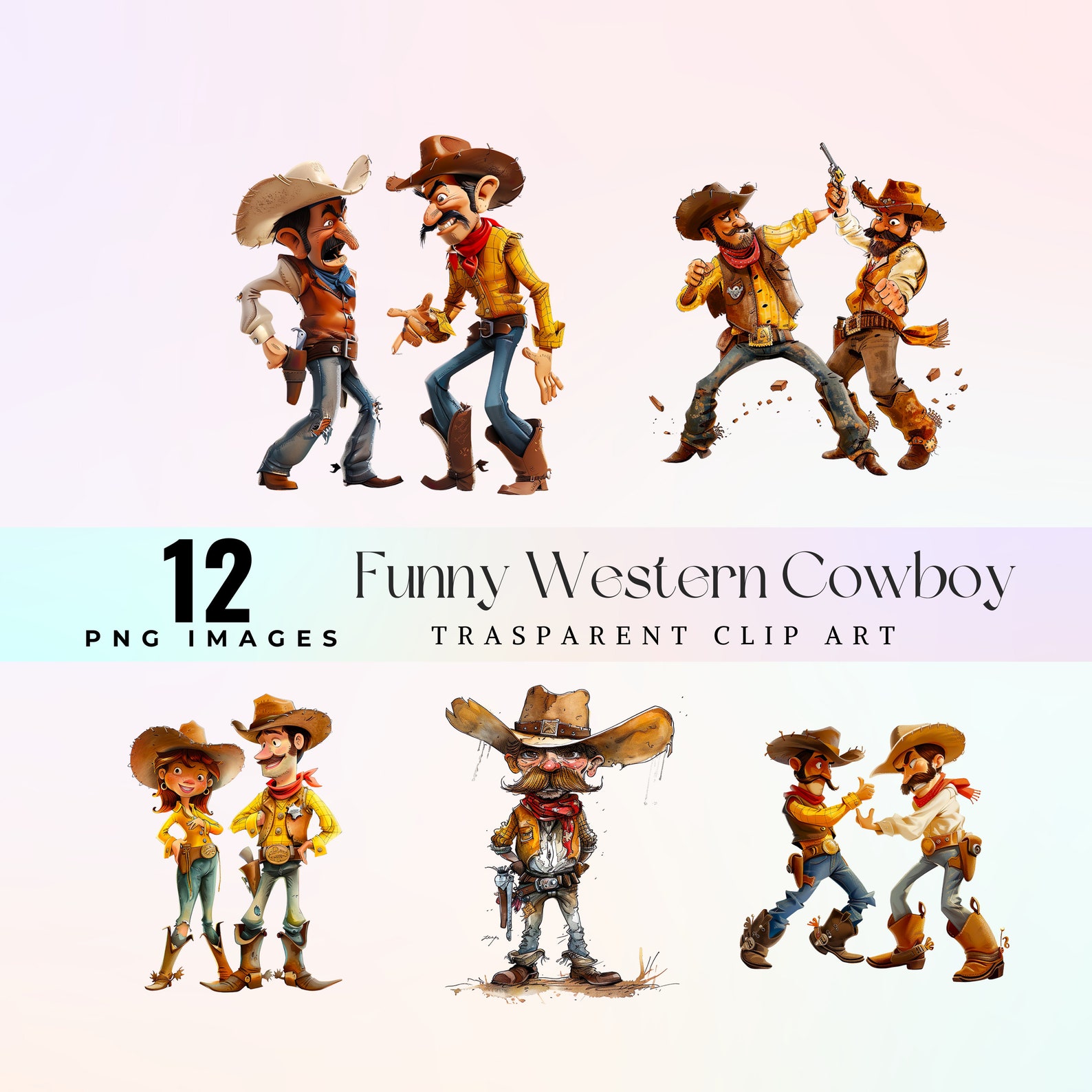 Funny Western Cowboy Clip Art, Watercolor Quirky Cowpoke Illustration ...