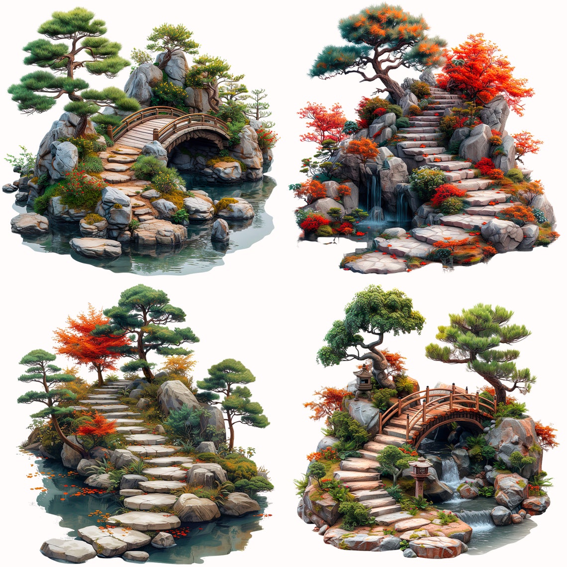 Realistic Enchanting Japanese Gardens Clip Art, Watercolor Harmonious ...