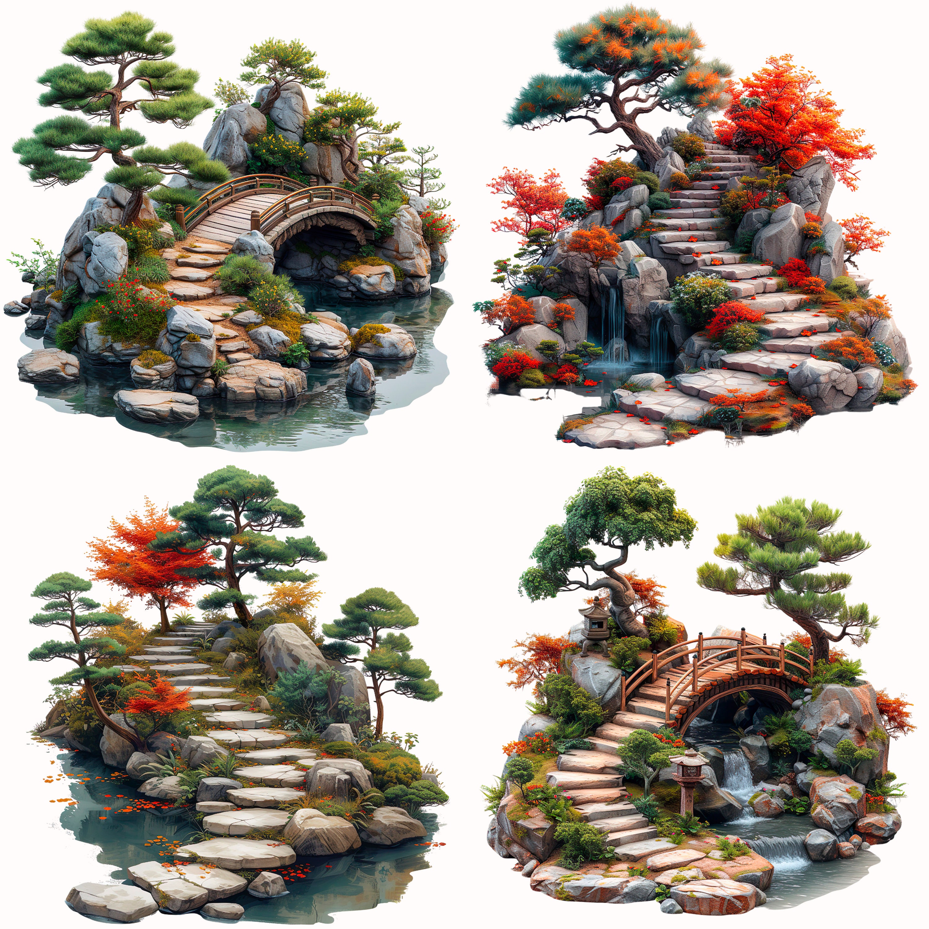 Realistic Enchanting Japanese Gardens Clip Art, Watercolor Harmonious ...