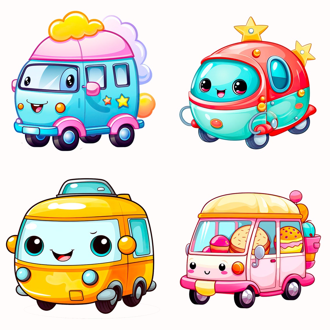 Funny Kawaii Vehicle Clip Art, Watercolor Adorable Kawaii Trucks PNG ...
