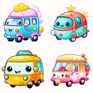 Funny Kawaii Vehicle Clip Art, Watercolor Adorable Kawaii Trucks PNG ...