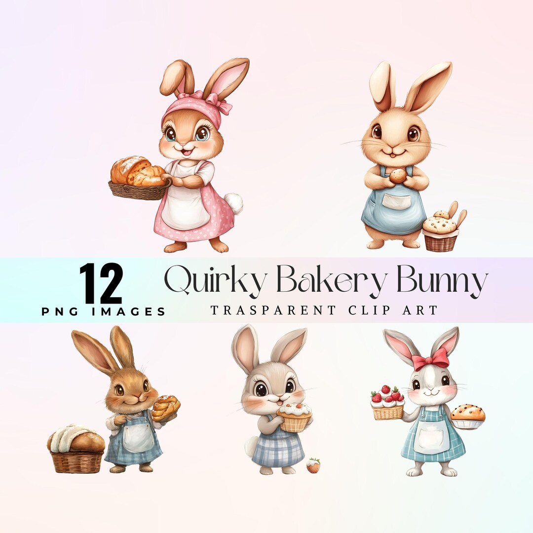 Cute Whimsical Bunny Baker Clip Art, Funny Pastry Rabbit Illustration ...