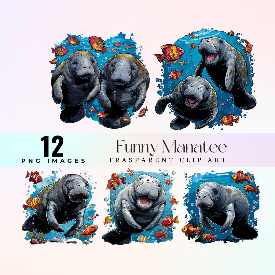 Funny Manatee Clip Art, Watercolor Amusing Sea Cow Illustration PNG ...