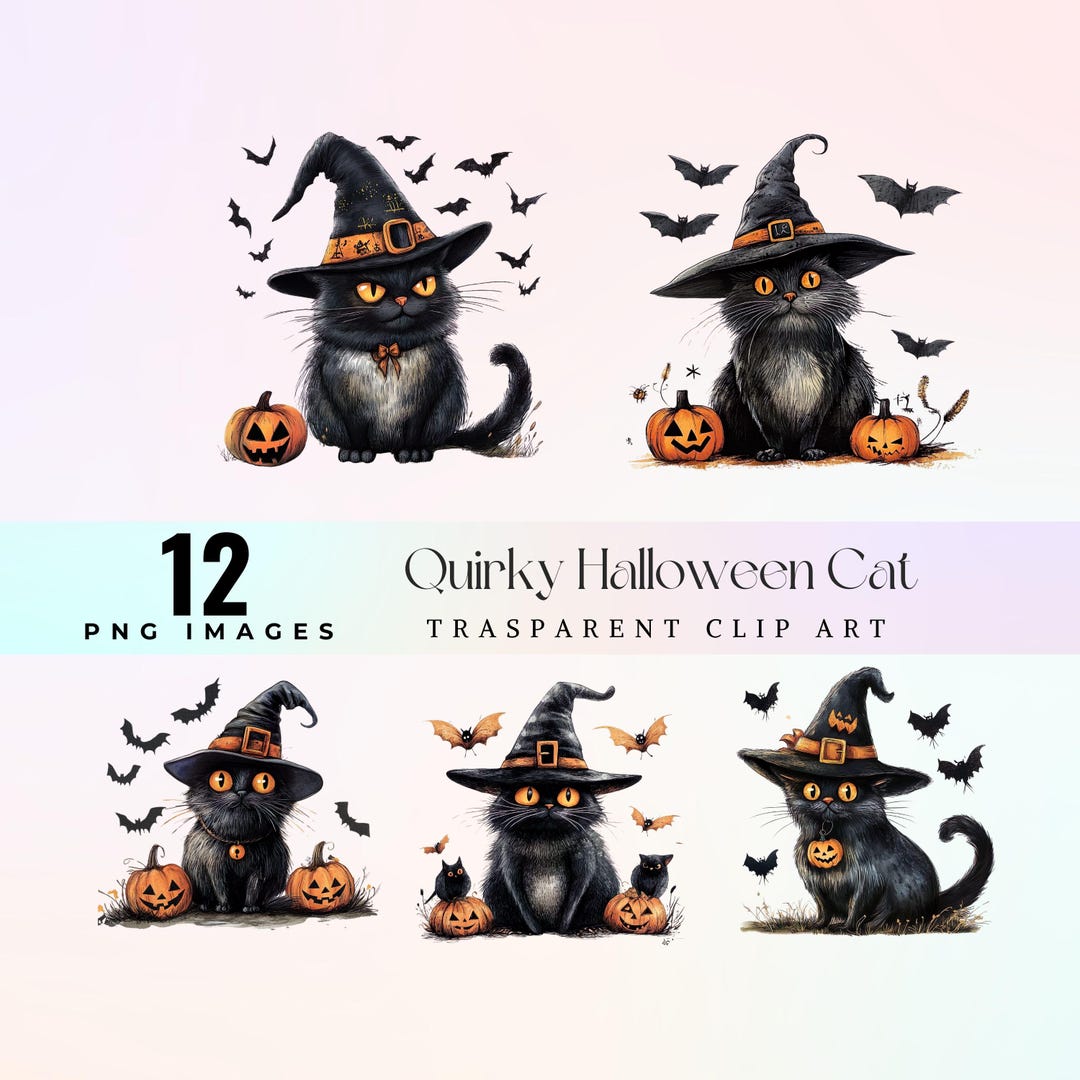 Quirky Halloween Cat Clip Art, Watercolor Adorable Black Kitten ...