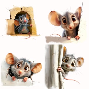 Funny Mice Hidden in the Wall Clip Art, Watercolor Sneaky Mouse ...