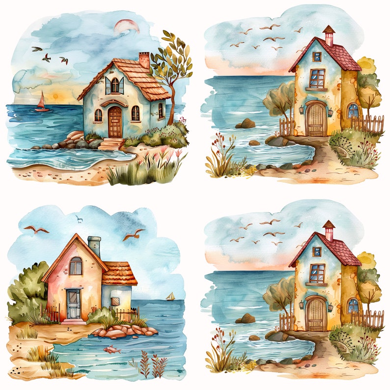 Watercolor Cottage by the Sea Clip Art: Coastal Home PNG (digital ...
