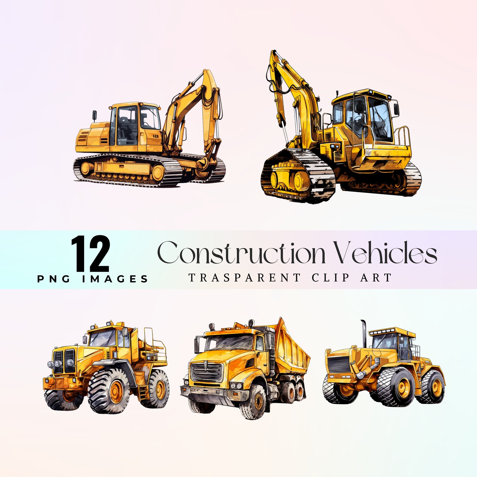 Watercolor Construction Vehicle Clipart: Truck Illustrations (PNG ...
