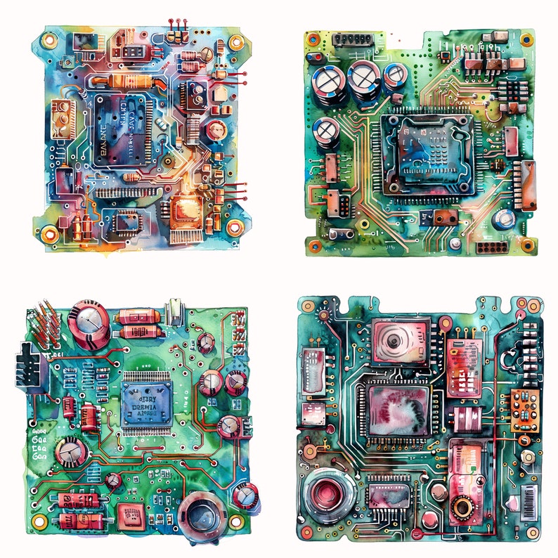 Cute Steampunk Circuit Board Clip Art, Watercolor Quirky Motherboard ...