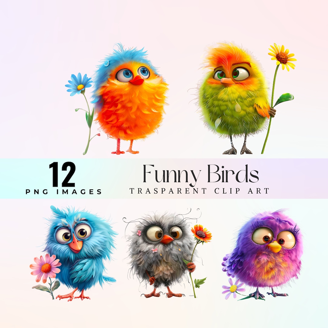 Adorable Fluffy Bird and Flowers Clip Art, Watercolor Amusing Tiny ...