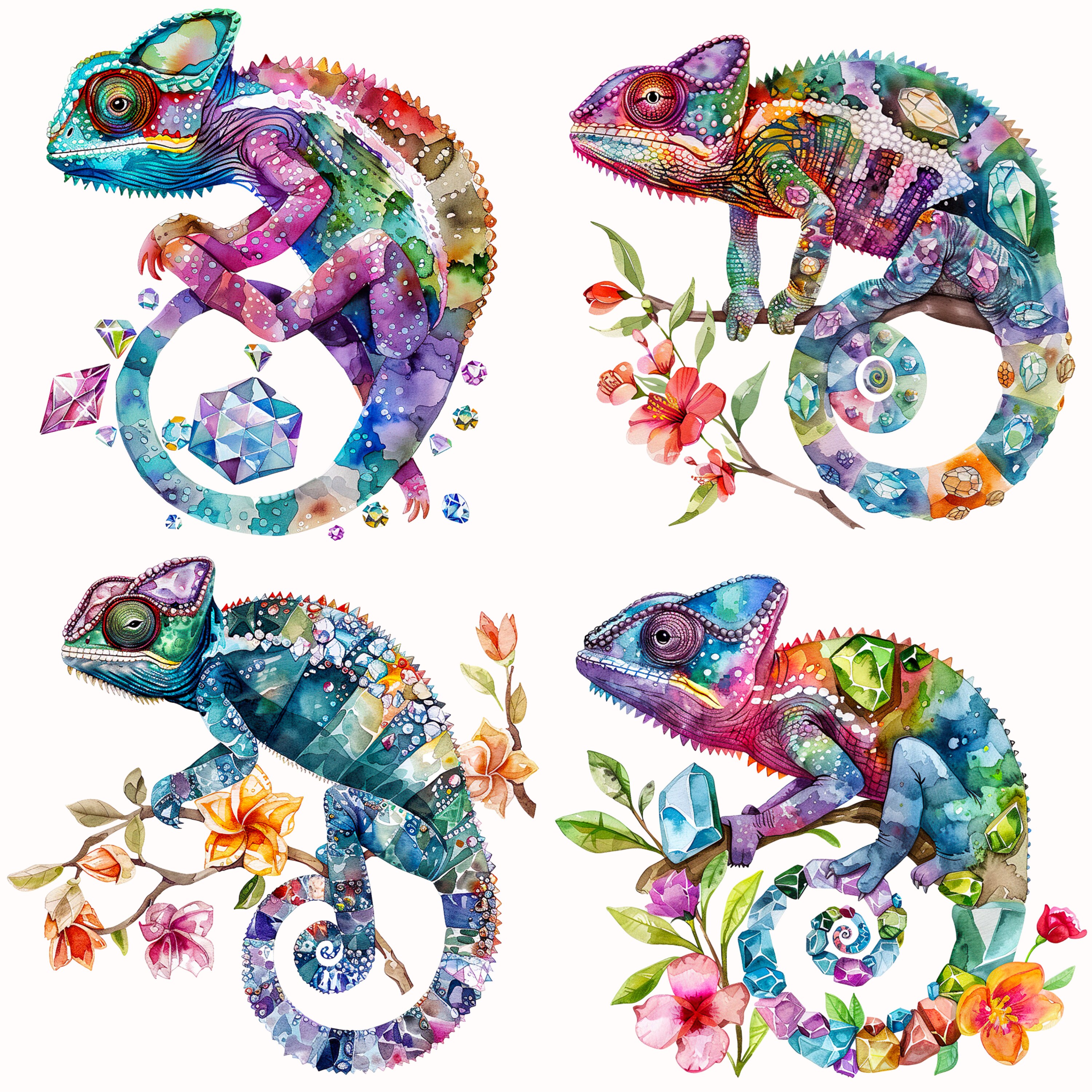 Whimsical Chameleon Clip Art, Watercolor Vibrant Chameleon and Flowers ...