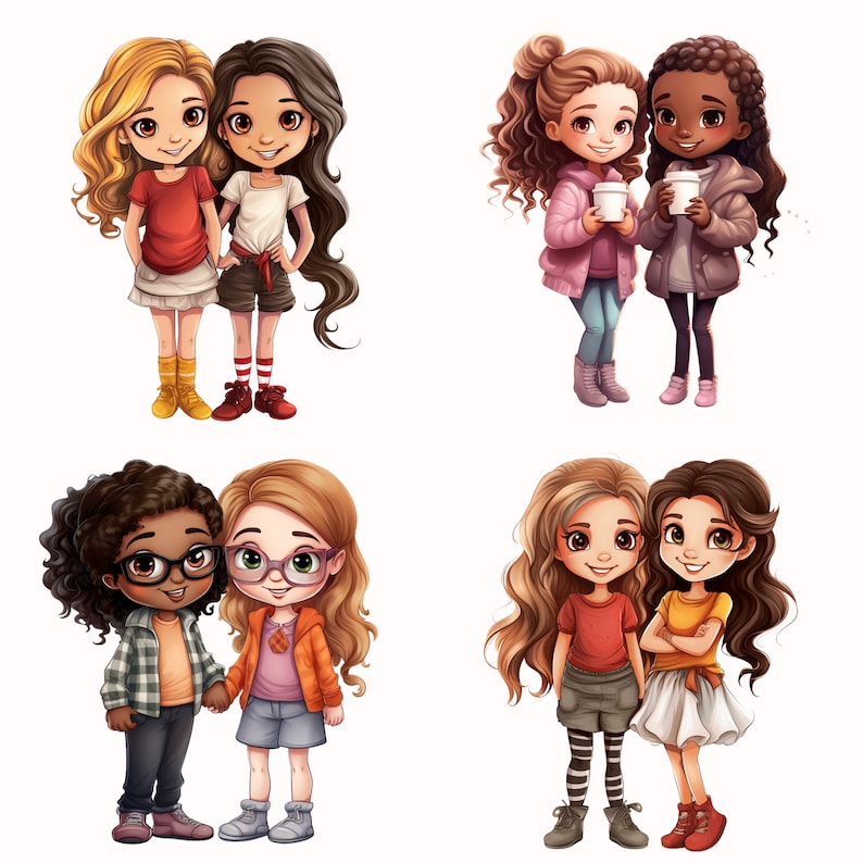 Cute Besties Clip Art, Happy Cartoon Best Friends Illustration PNG ...