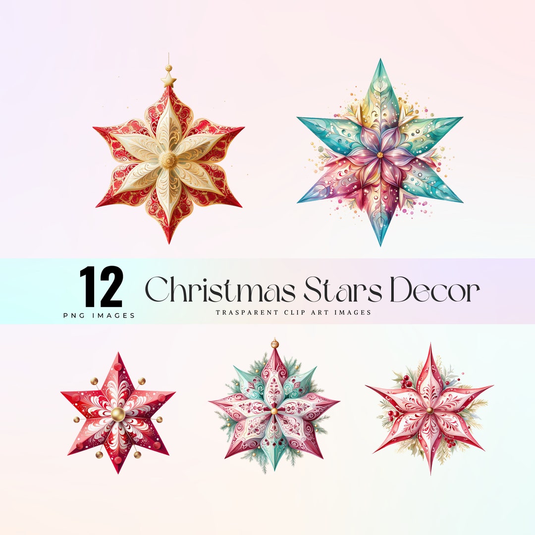 Christmas Stars Decor Clip Art, Watercolor Festive Stars PNG, Nice ...