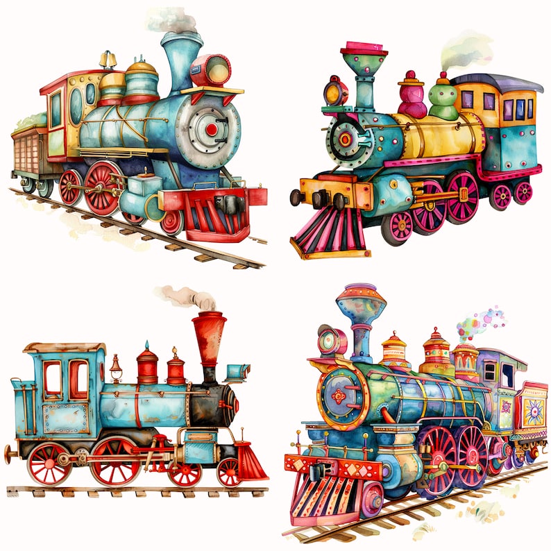 Whimsical Train Clip Art, Watercolor Quirky Locomotive Illustration PNG ...