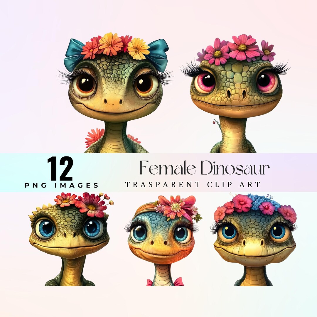Adorable Female Dinosaur Clip Art, Sweet Dino Face and Flowers ...