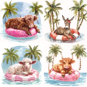 Funny Pool Farm Animals Clip Art, Watercolor Quirky Bathers on Lifebuoy ...