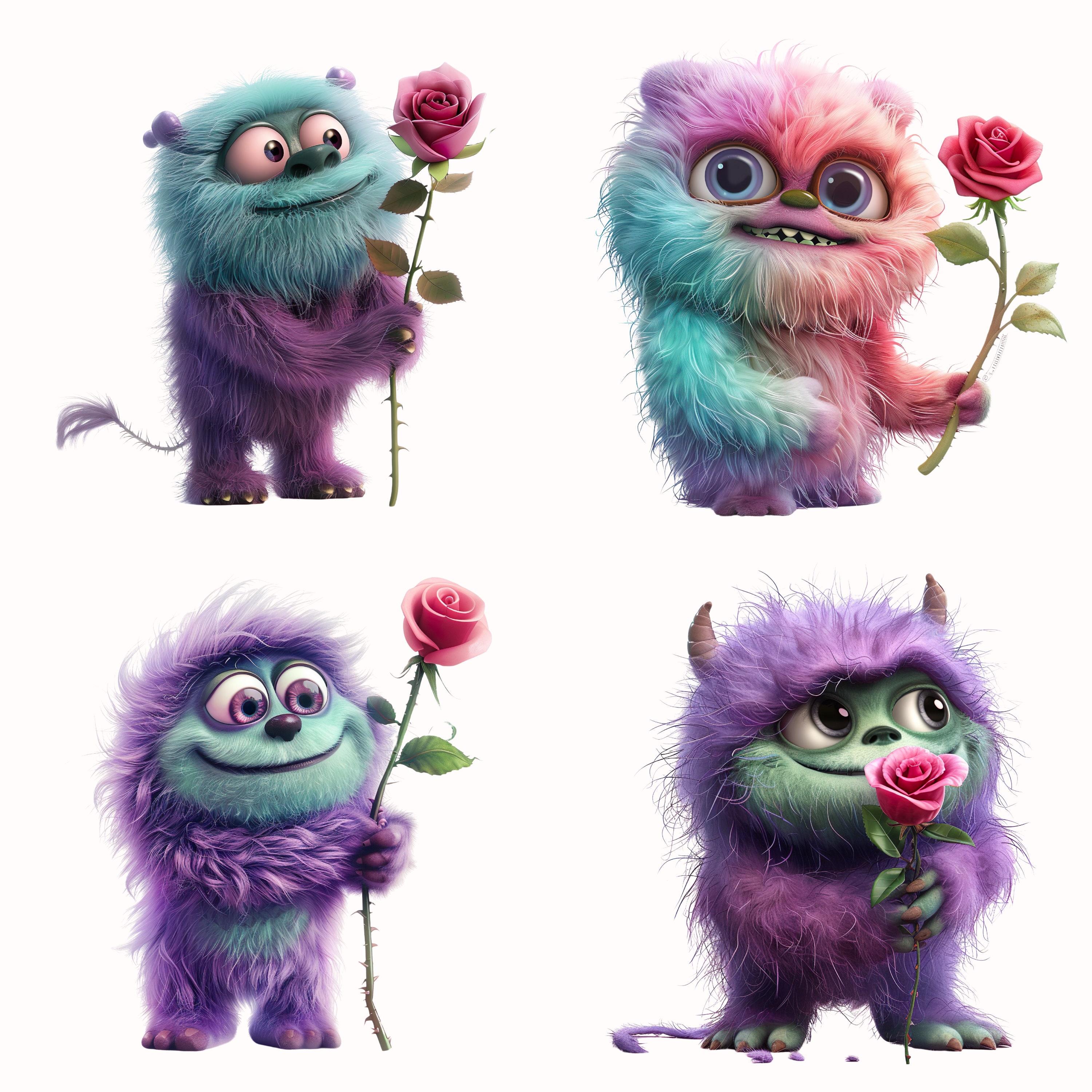 Romantic Monsters Clip Art, Watercolor Fluffy Rose Monsters ...